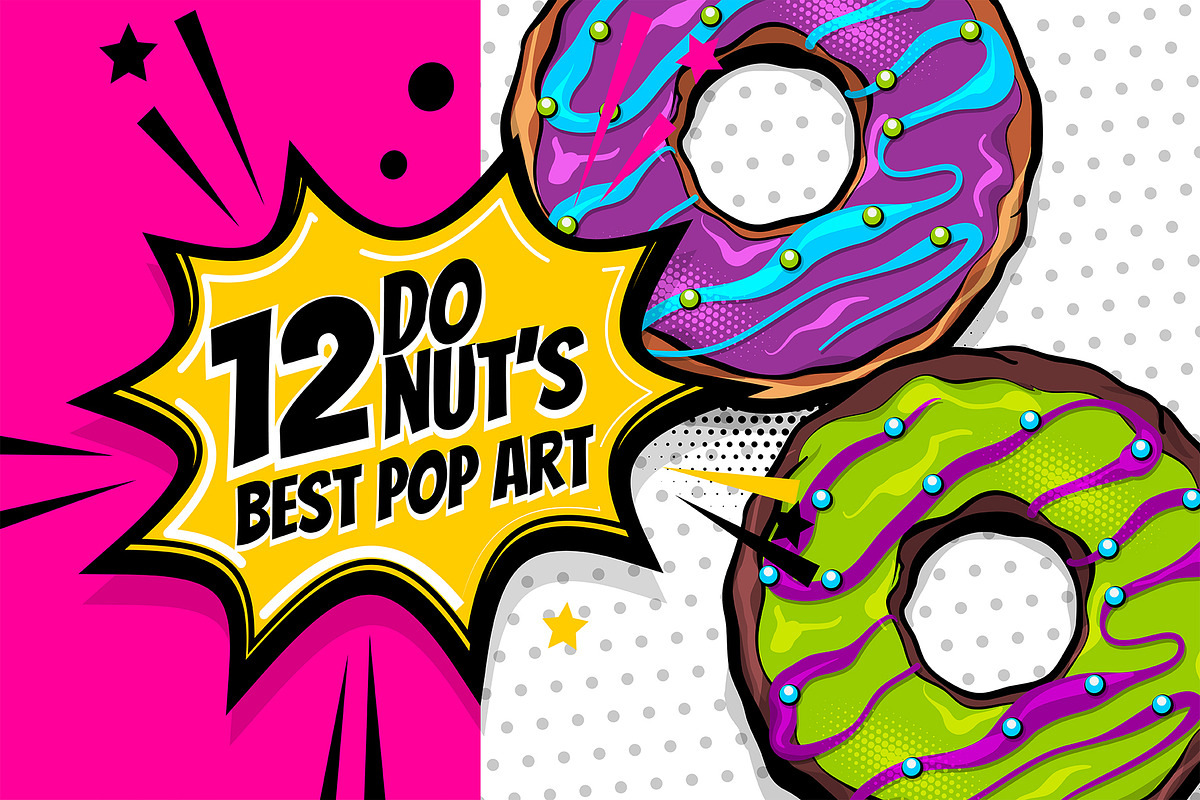 12 Pop Art Donut's, a Decorative Illustration by Kapitosh | Creative Market