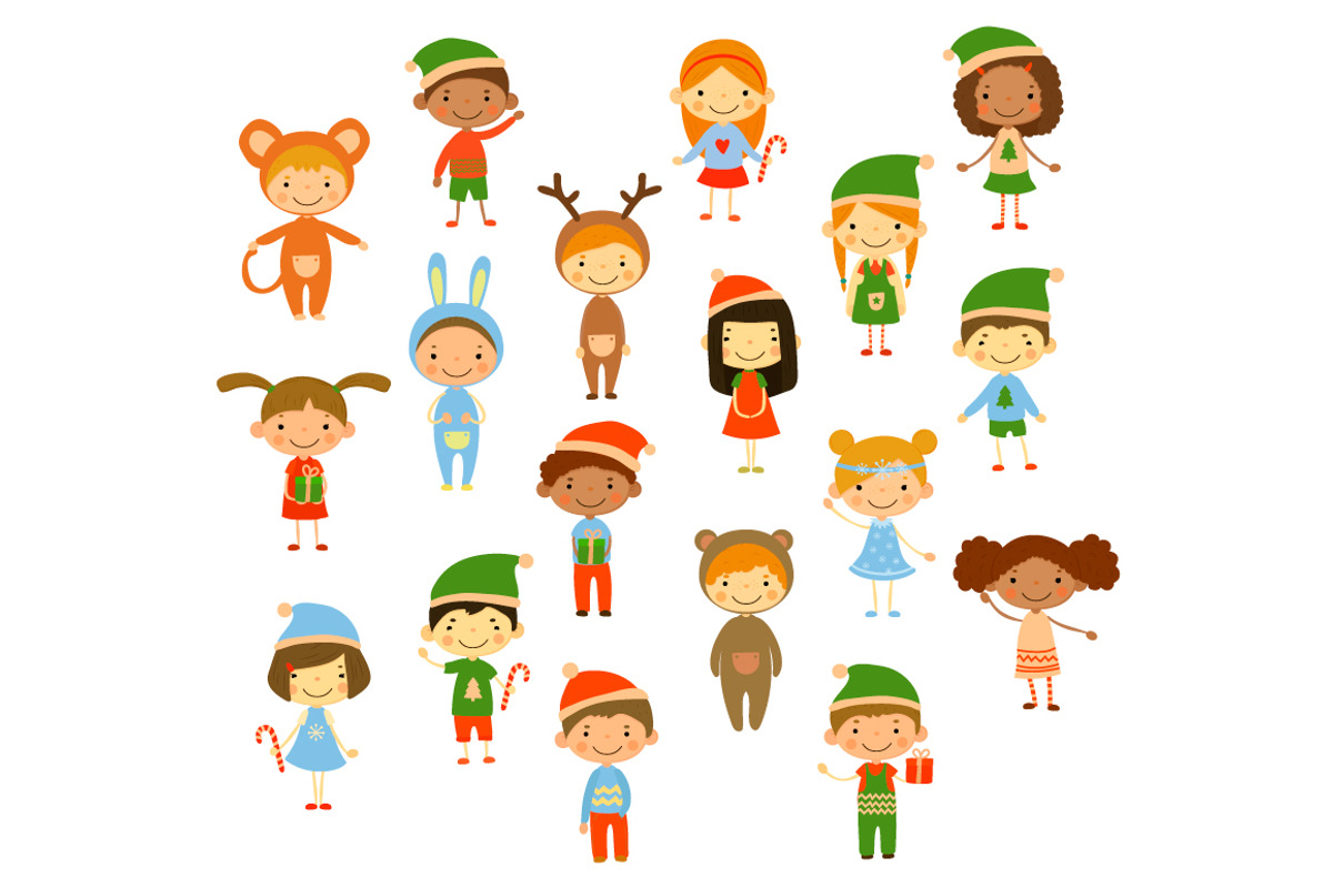 Cute kids wearing Christmas costumes, an Illustration by TopVectors