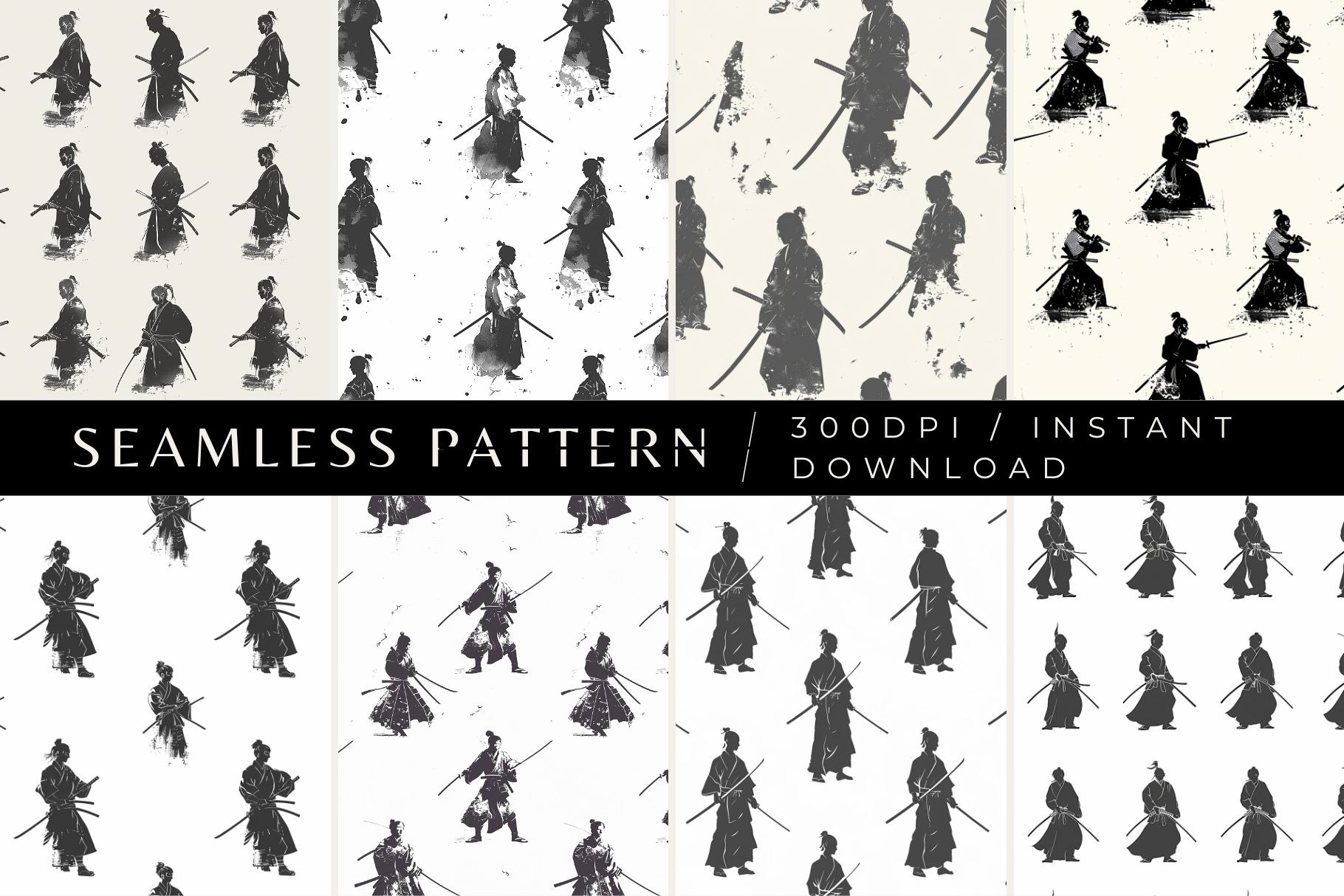 8 Silhouette Samurai Patterns, a Pattern Graphic by Inknfolly