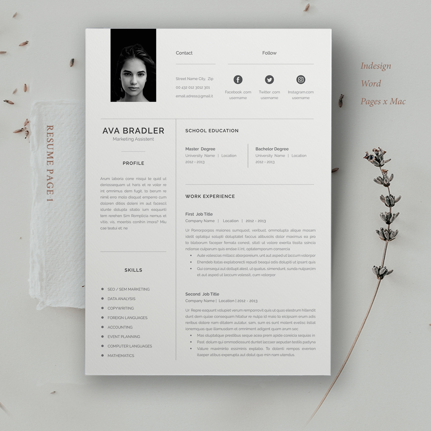 Resume / Cv / Ava, a Resume Template by Astut | Creative Market