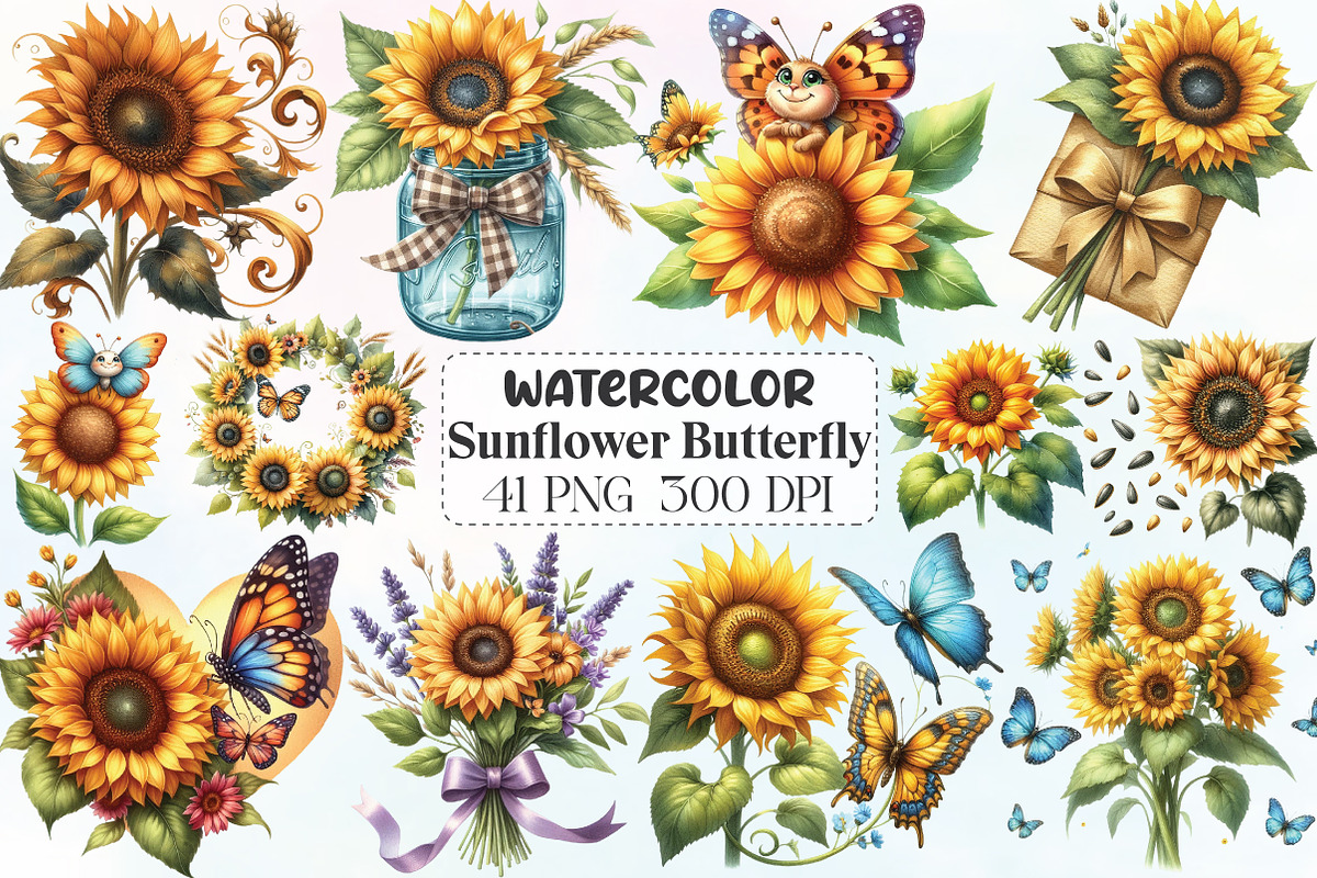Watercolor Sunflower Butterfly, an Illustration by CraftArtStudio