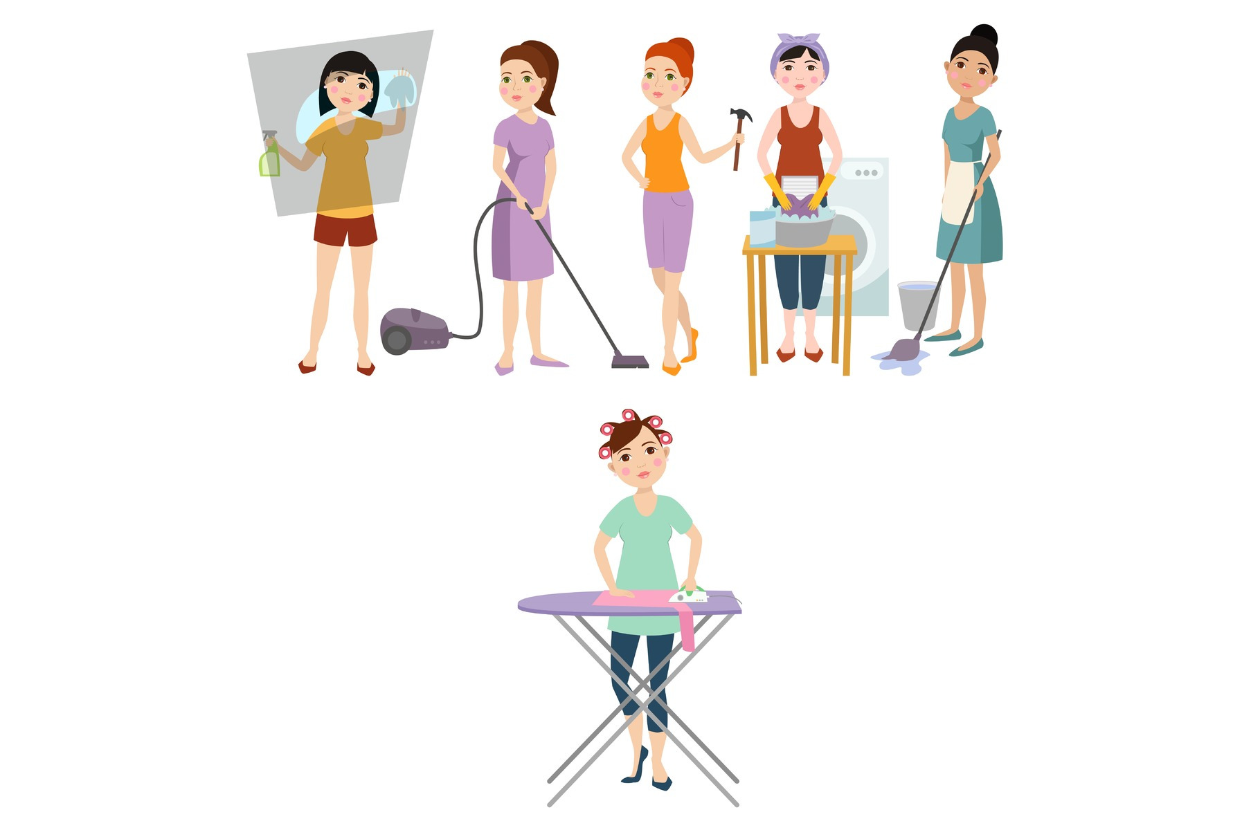 Housewifes homemaker woman cute cleaning cartoon girl housewifery ...