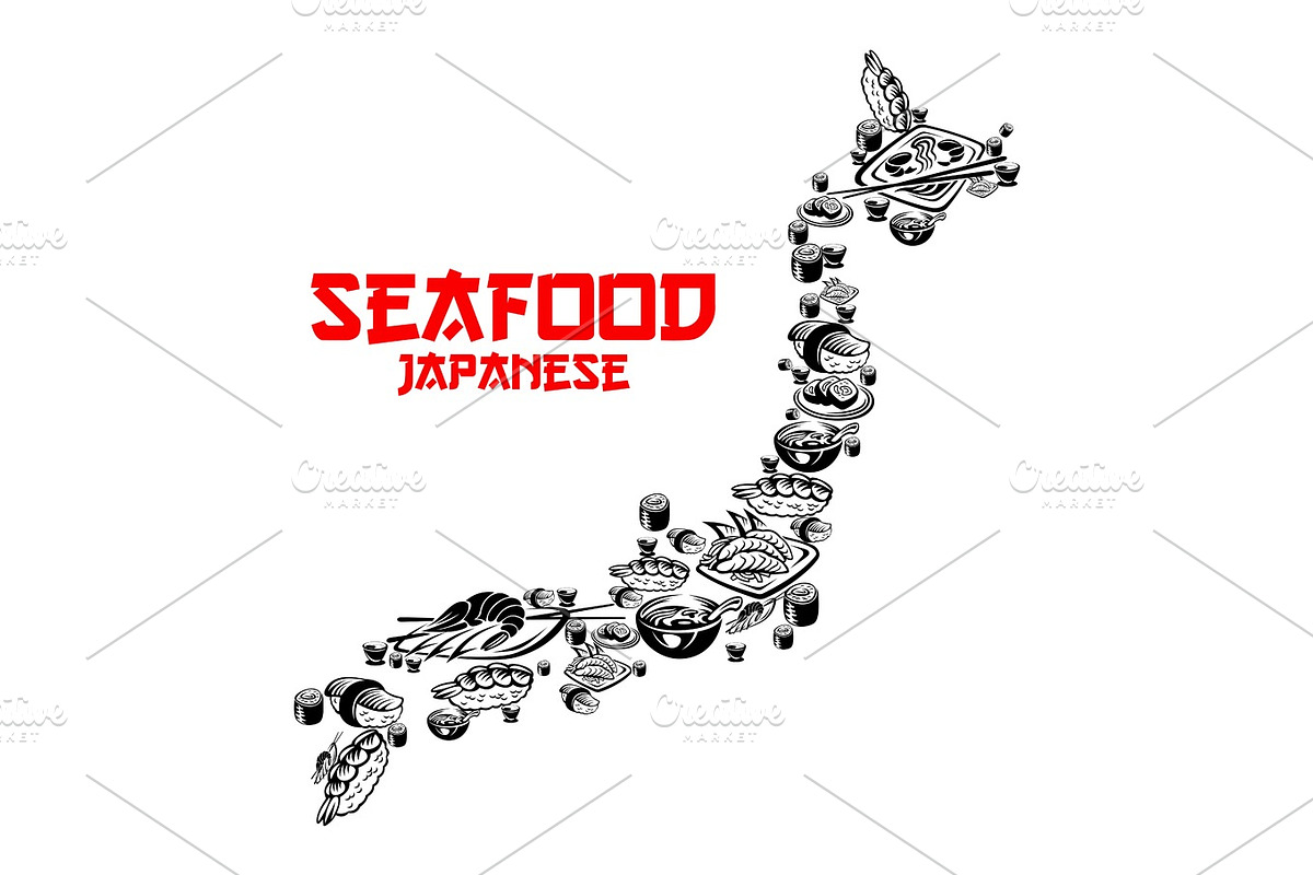 Japanese seafood, sushi forming map of Japan, a Food Illustration by ...