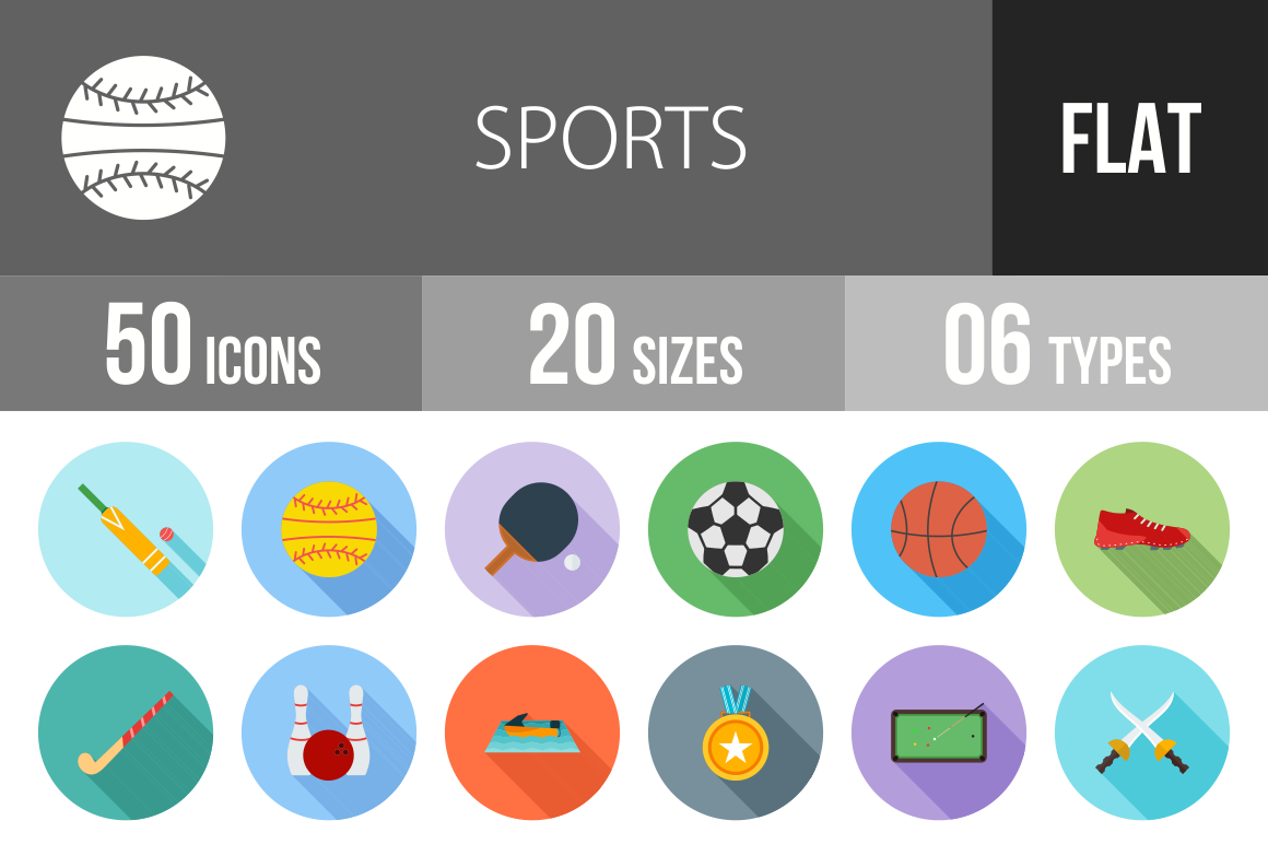 50 Sports Flat Long Shadow Icons, an Outline Icon by IconBunny ...