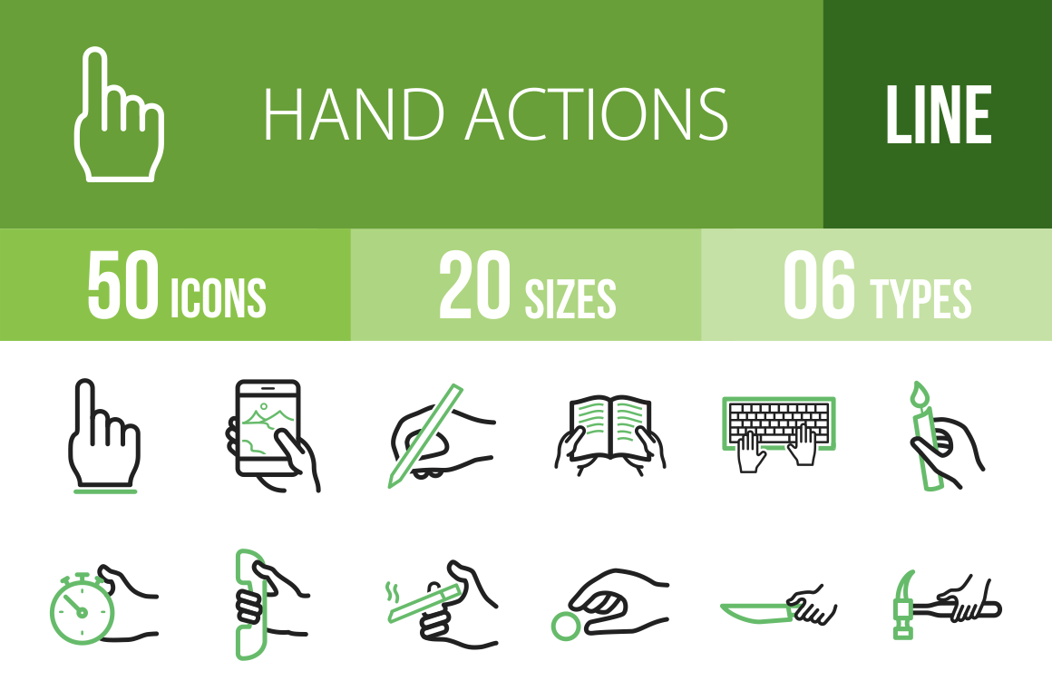 50 Hand Line Green & Black Icons, an Outline Icon by IconBunny