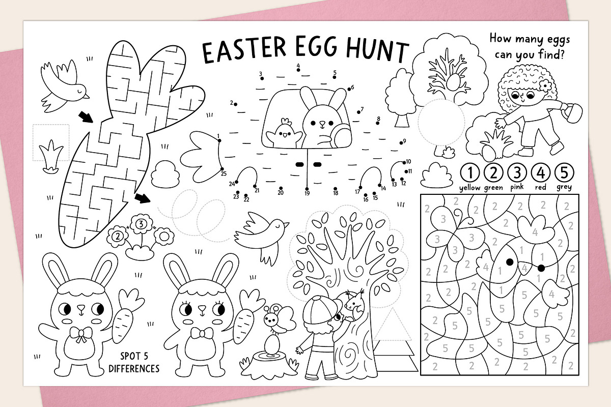 Easter egg hunt coloring placemats, an Education Illustration by Lexi Claus