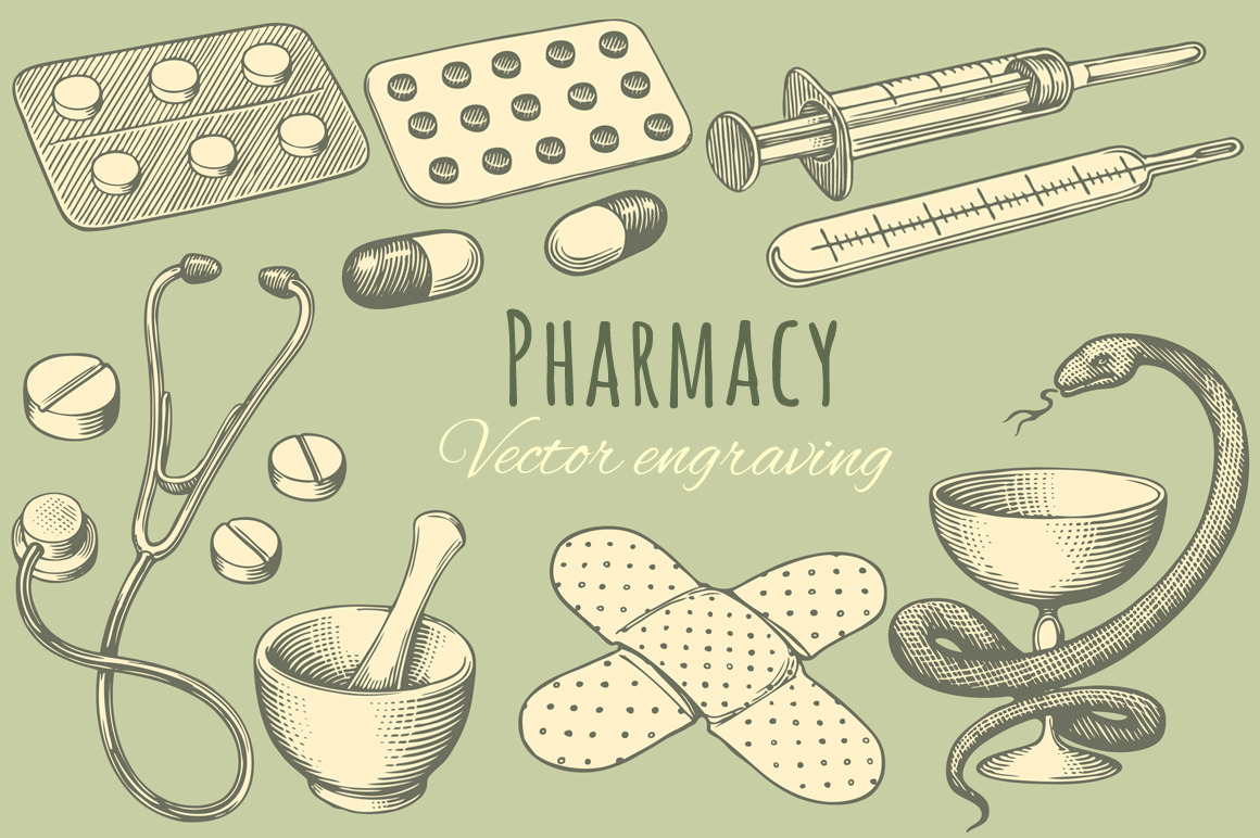 Set Pharmacy. Vector engraving., an Object Graphic by Vector Engraving ...