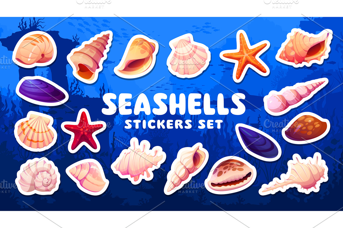 Cartoon seashells stickers pack, an Animal Illustration by Vector Tradition