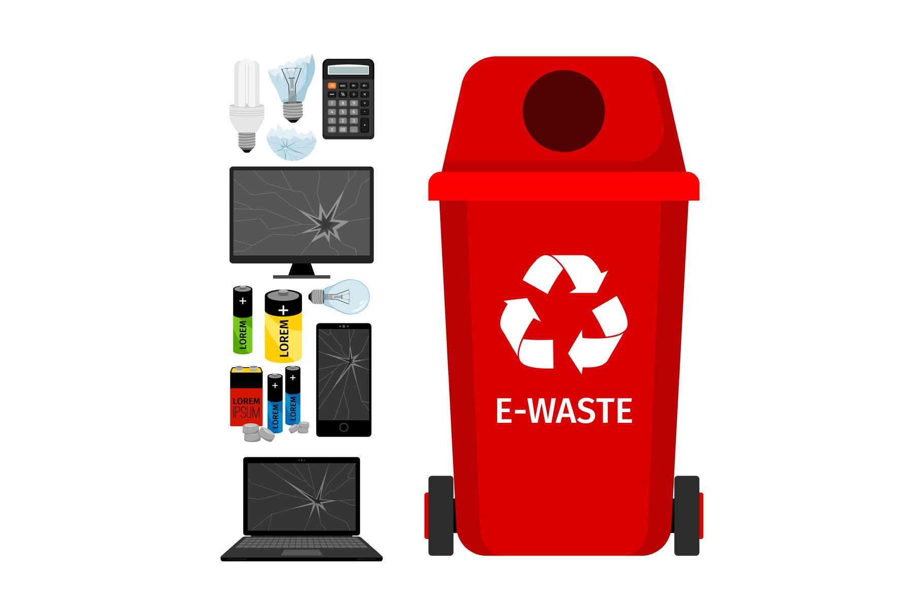Red garbage can with e-waste elements | Graphic Objects ~ Creative Market