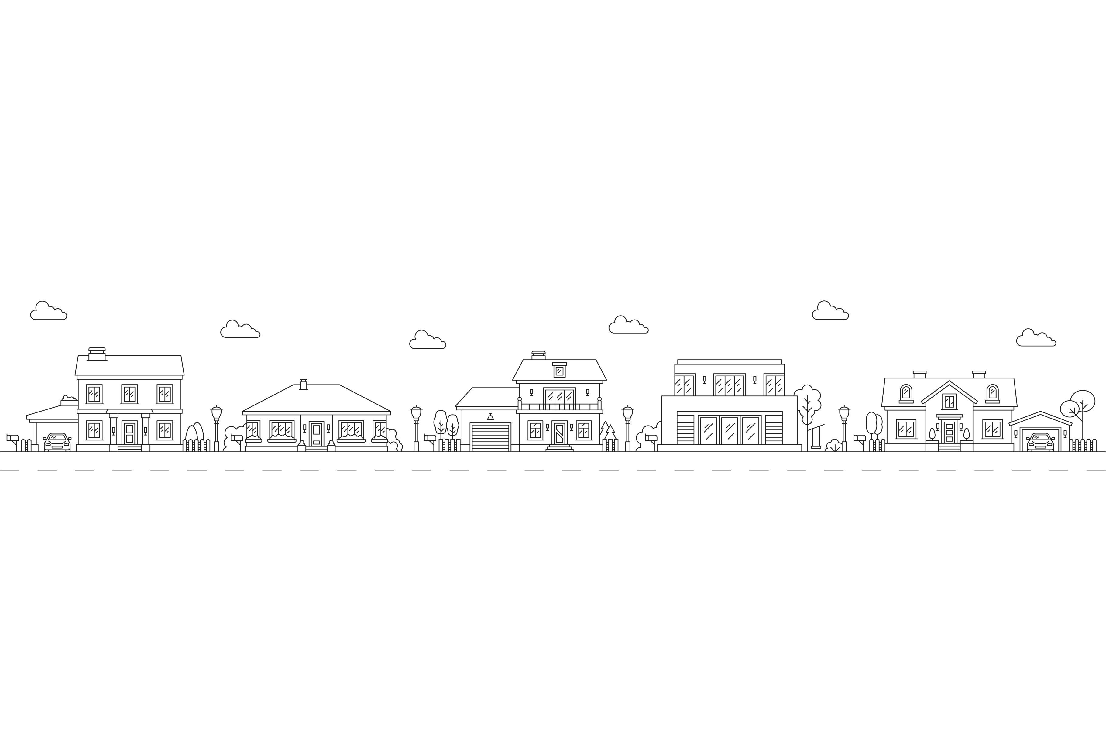 Neighborhood line art cityscape, an Illustration by Vector Tradition