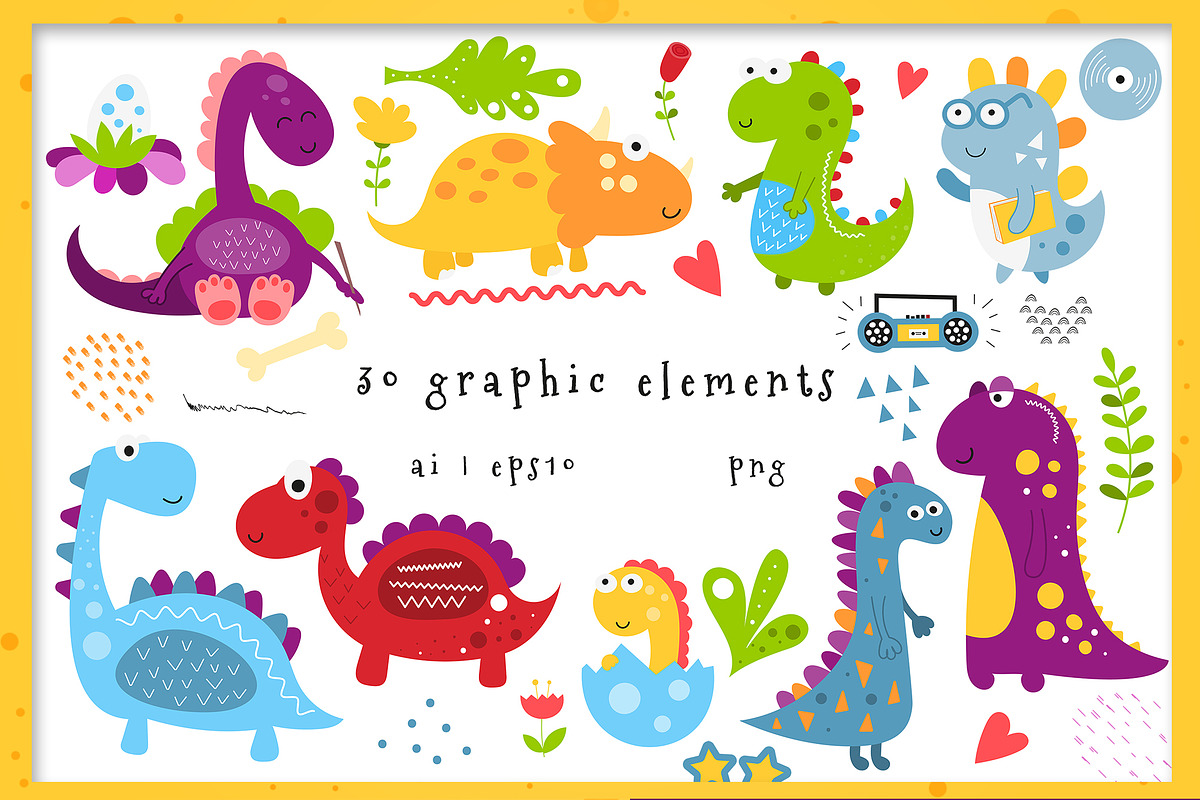 Dinosaur clipart & patterns bundle, an Animal Illustration by Nursery Art