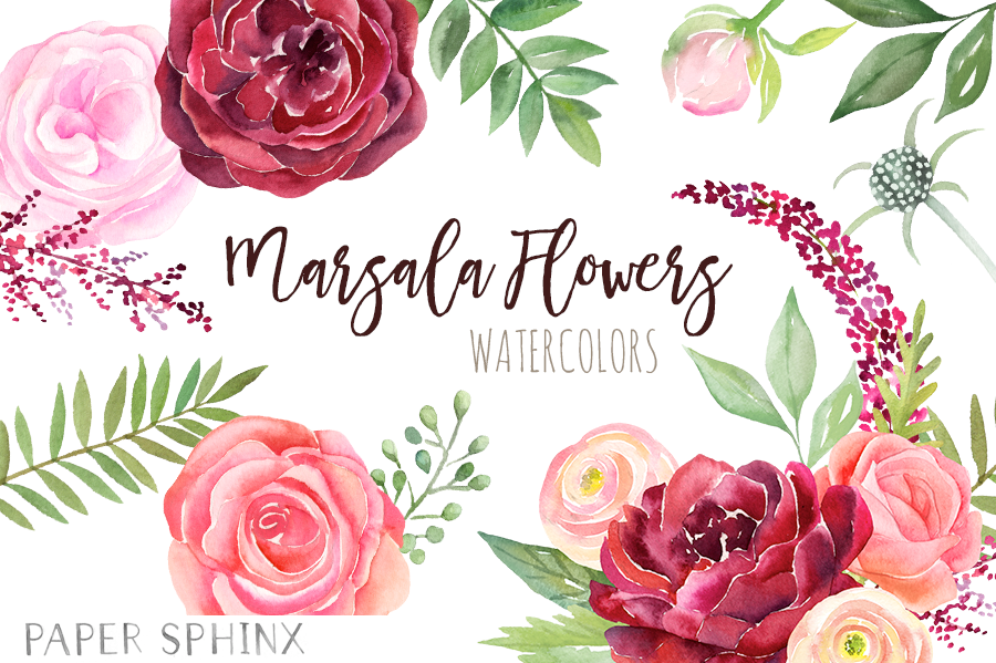 Watercolor Marsala Flowers Clipart, an Illustration by PaperSphinx