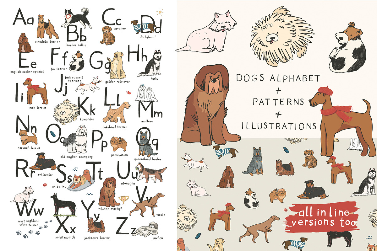 Dogs Alphabet, patterns, illustrations