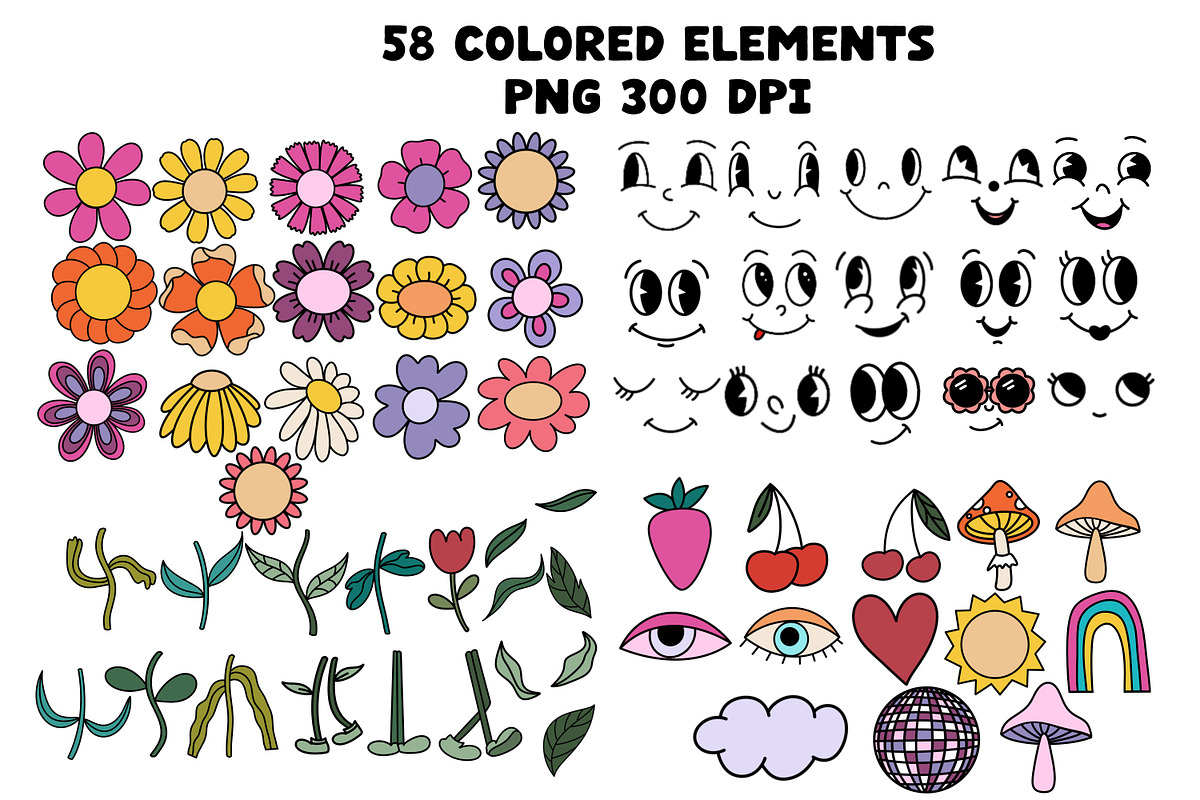 Flower Power Groovy Png Clipart Set, an Object Graphic by Brush Lab