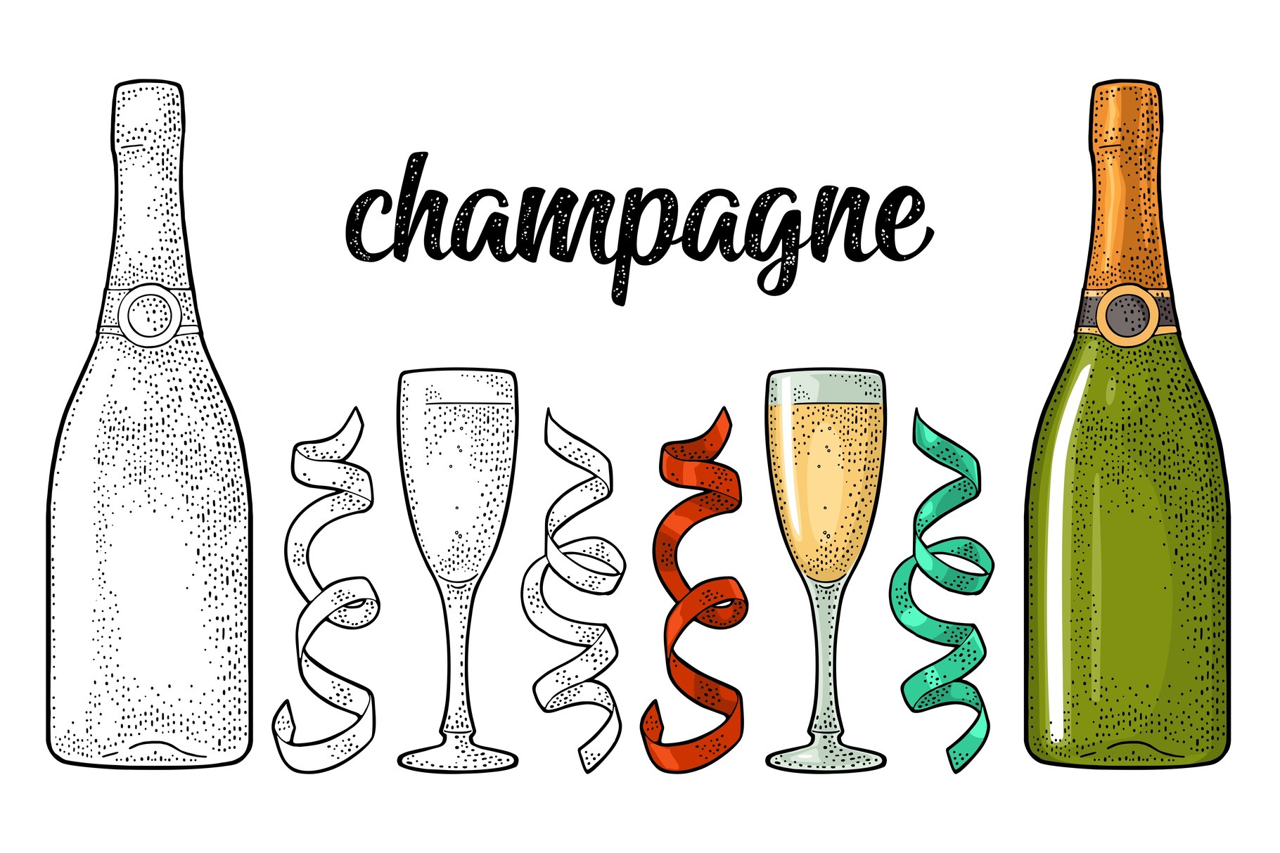 Champagne calligraphic handwriting lettering. Glass, bottle, serpentine ...