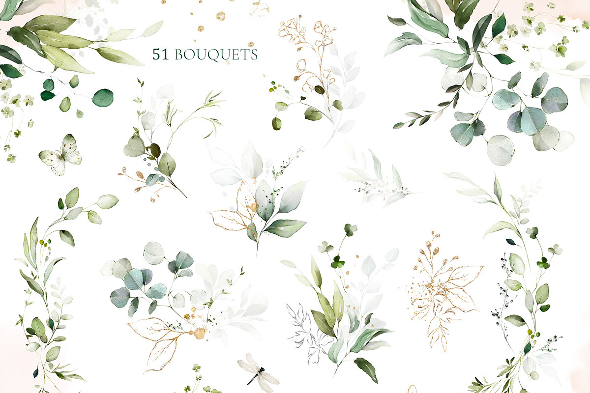 Green watercolor herbs, leaves, a Decorative Illustration by Lisima