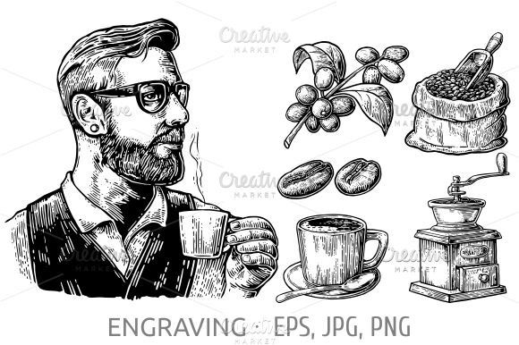 Hipster barista with cup+set coffee, an Illustration by MoreVector