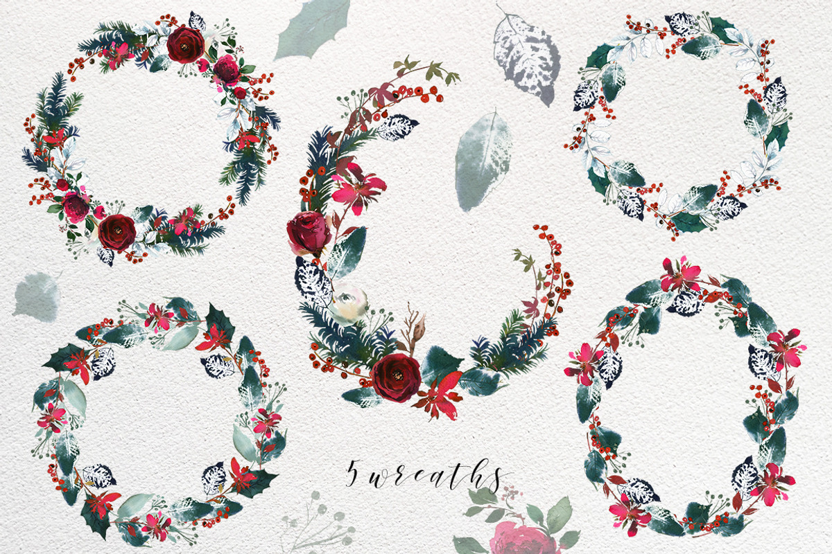 Christmas Watercolor Flowers Clipart, an Illustration by whiteheartdesign