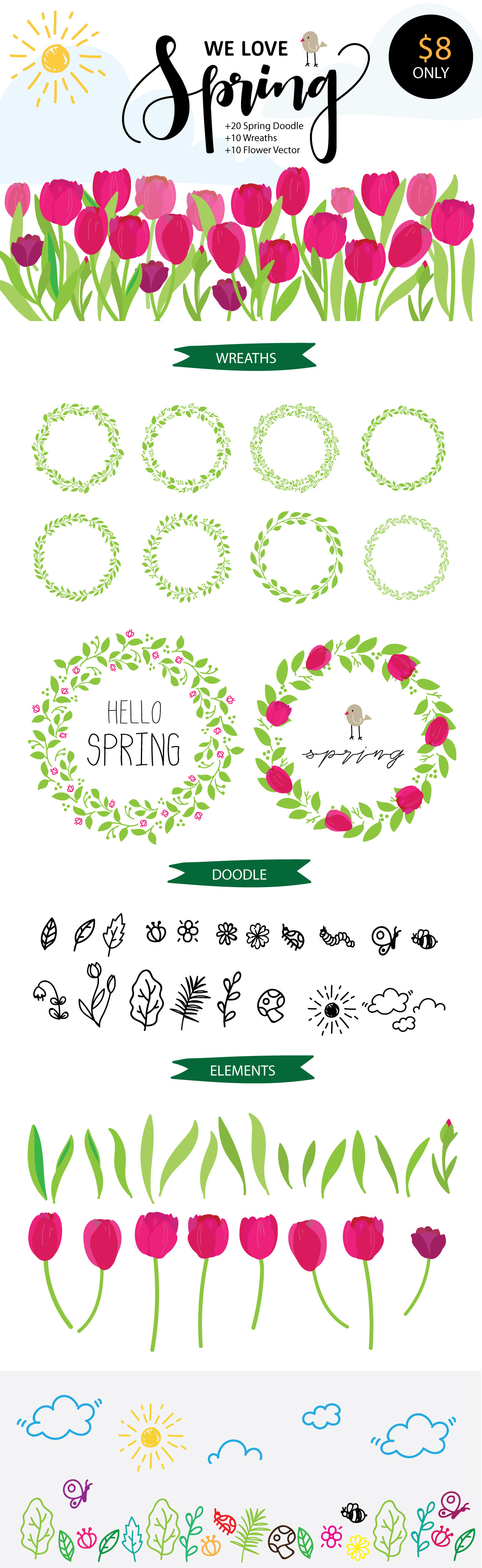 WE LOVE SPRING VECTOR ELEMENTS, an Illustration by MooBeer