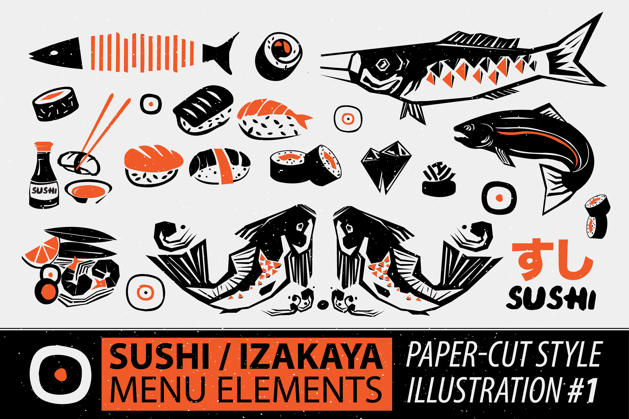 Papercut Style Sushi Elements, a Food Illustration by Astro Circo