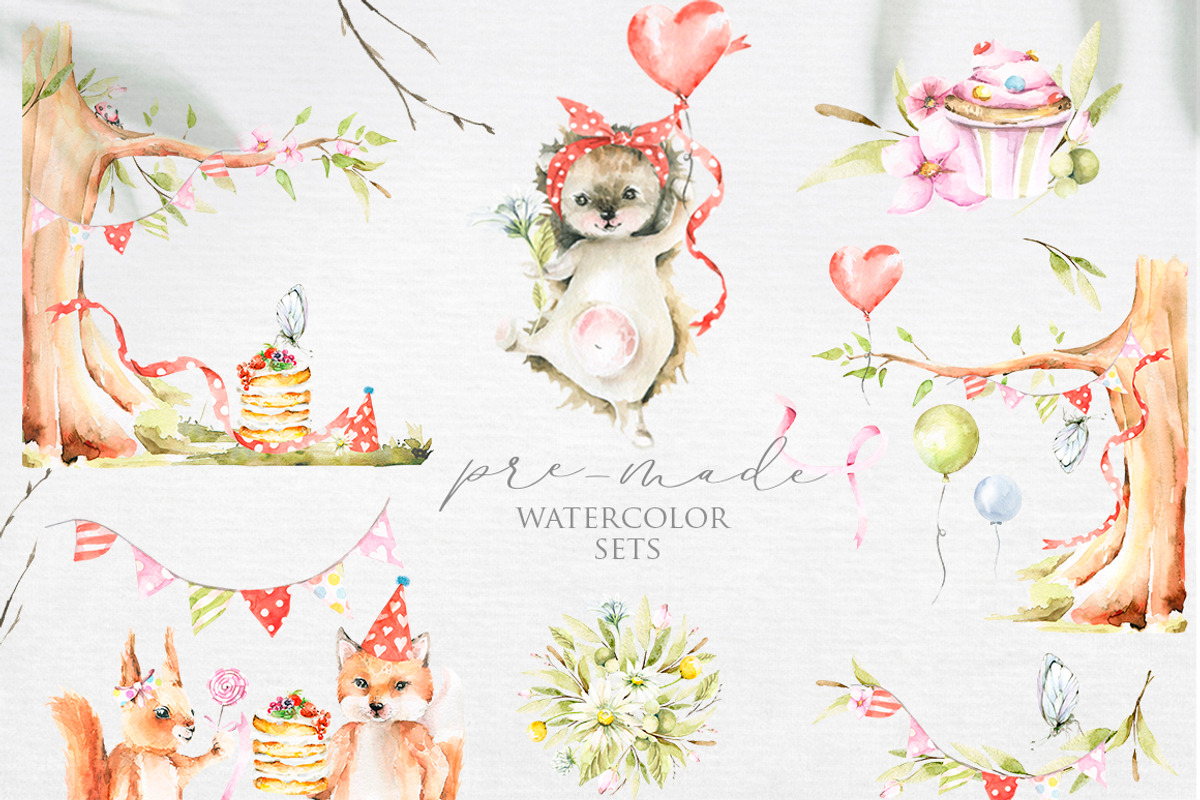 Forest birthday Watercolor clipart, an Animal Illustration by 60secondsArt