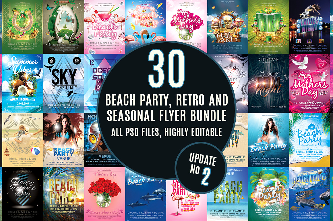 30 Beach, Retro+Seasonal Flyer Pack, a Flyer Template by tmcom