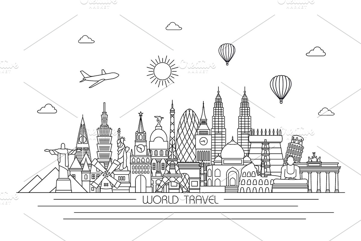 Line art world travel illustration, a Work Illustration by LisaKolbasa
