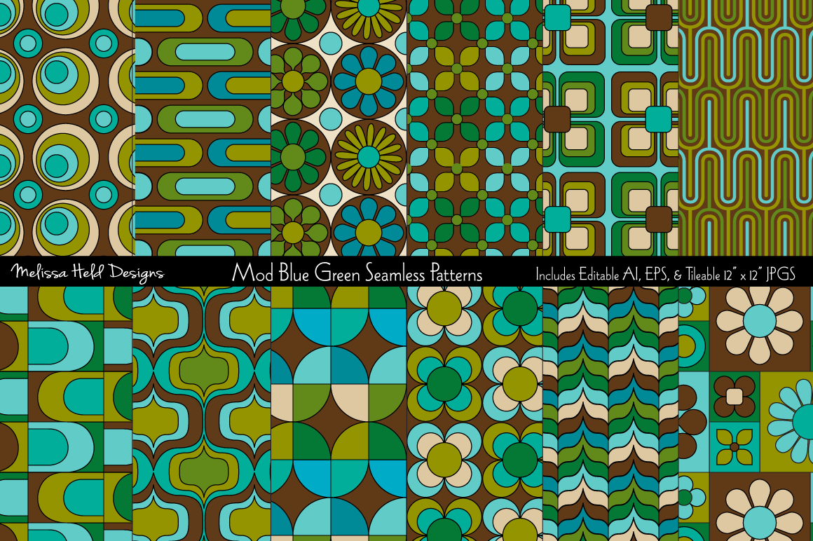 Mod Blue & Green Patterns, a Pattern Graphic by Melissa Held Designs