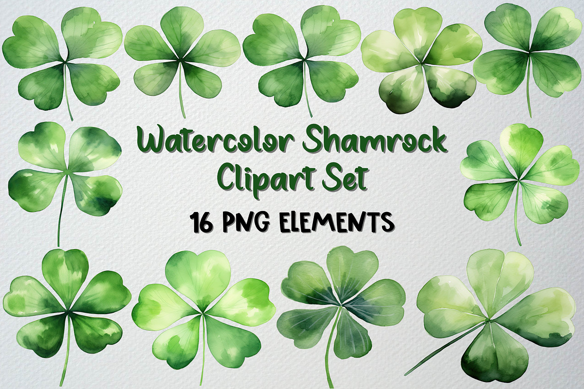 Watercolor Shamrock Clipart, 16 PNG