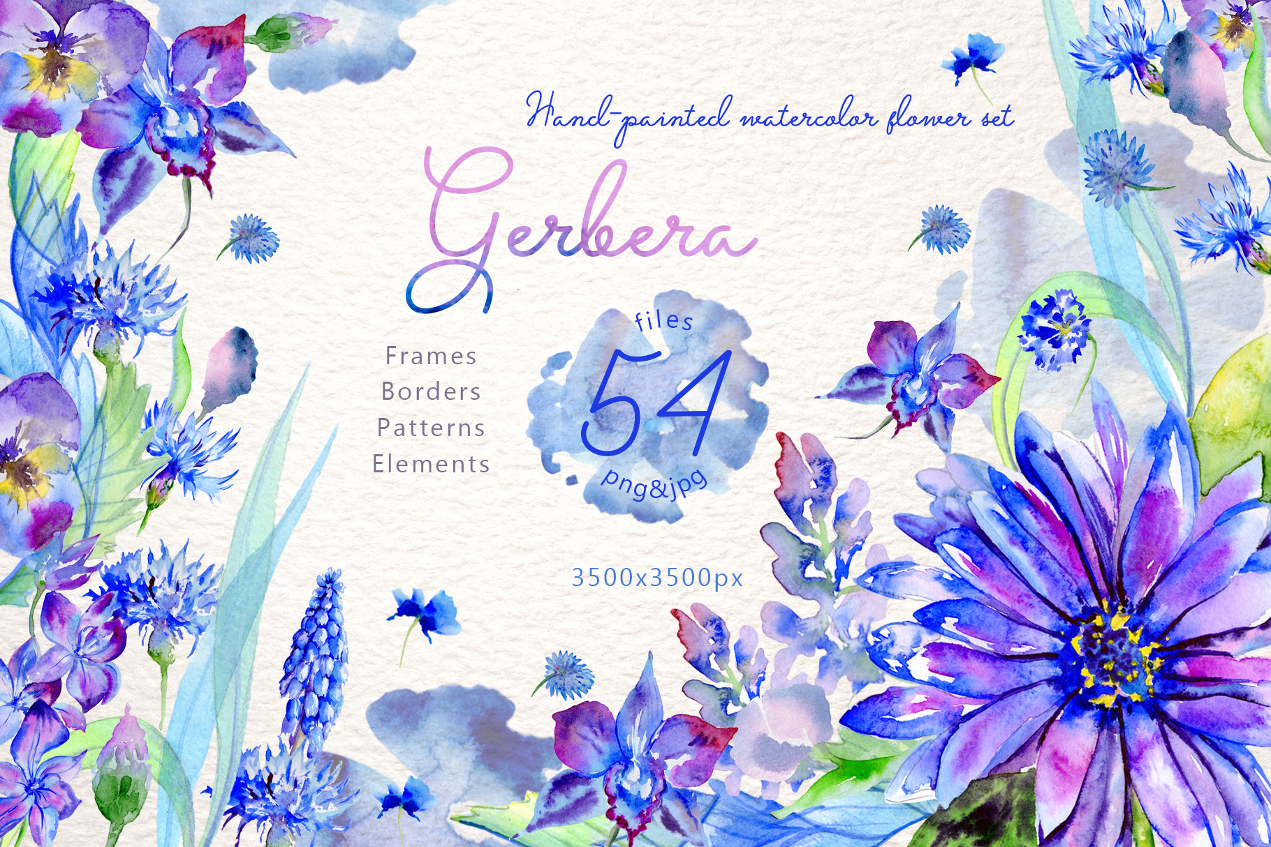 Blue gerbera PNG watercolor set | Seasonal Illustrations ~ Creative Market