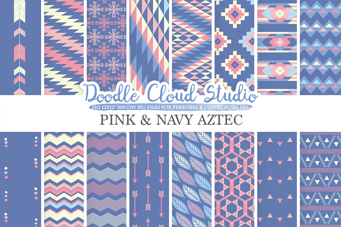 Pink and Navy Aztec digital paper, a Pattern Graphic by Doodle Cloud Studio