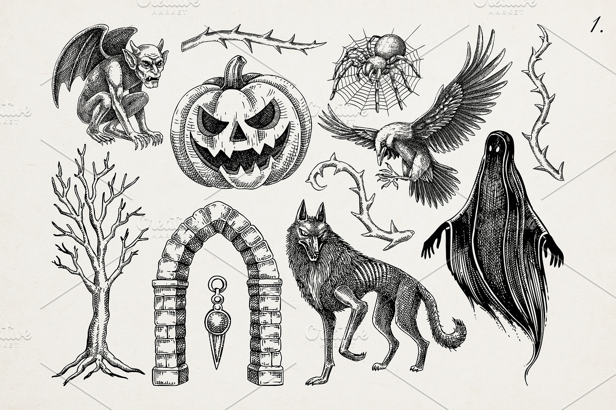 Gothic Halloween. Hand Drawn Vectors