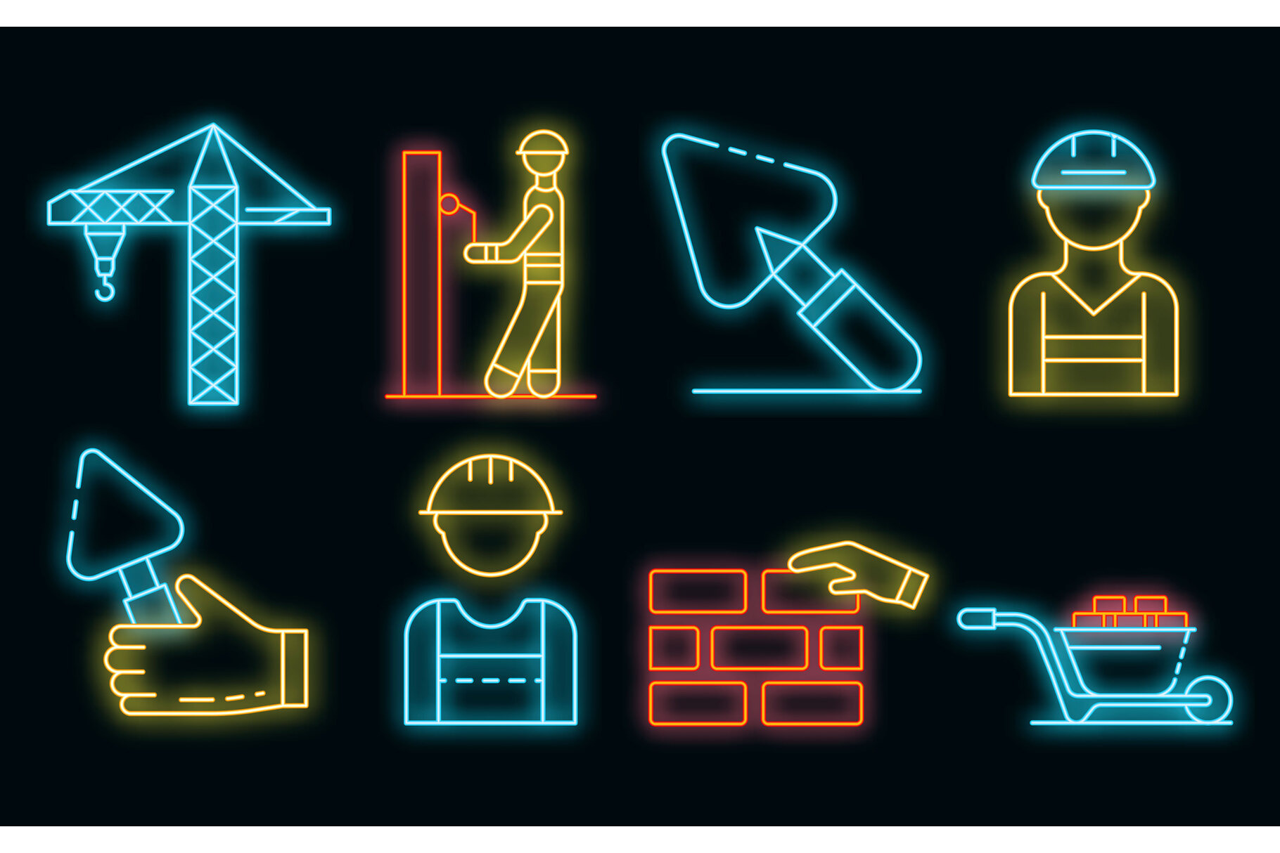 Masonry worker icons set vector neon, an Illustration by Ylivdesign