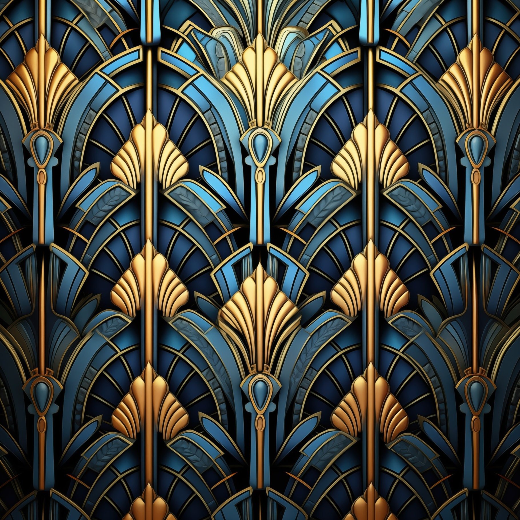 An intricate art deco pattern featuring stylized floral motifs in gold ...