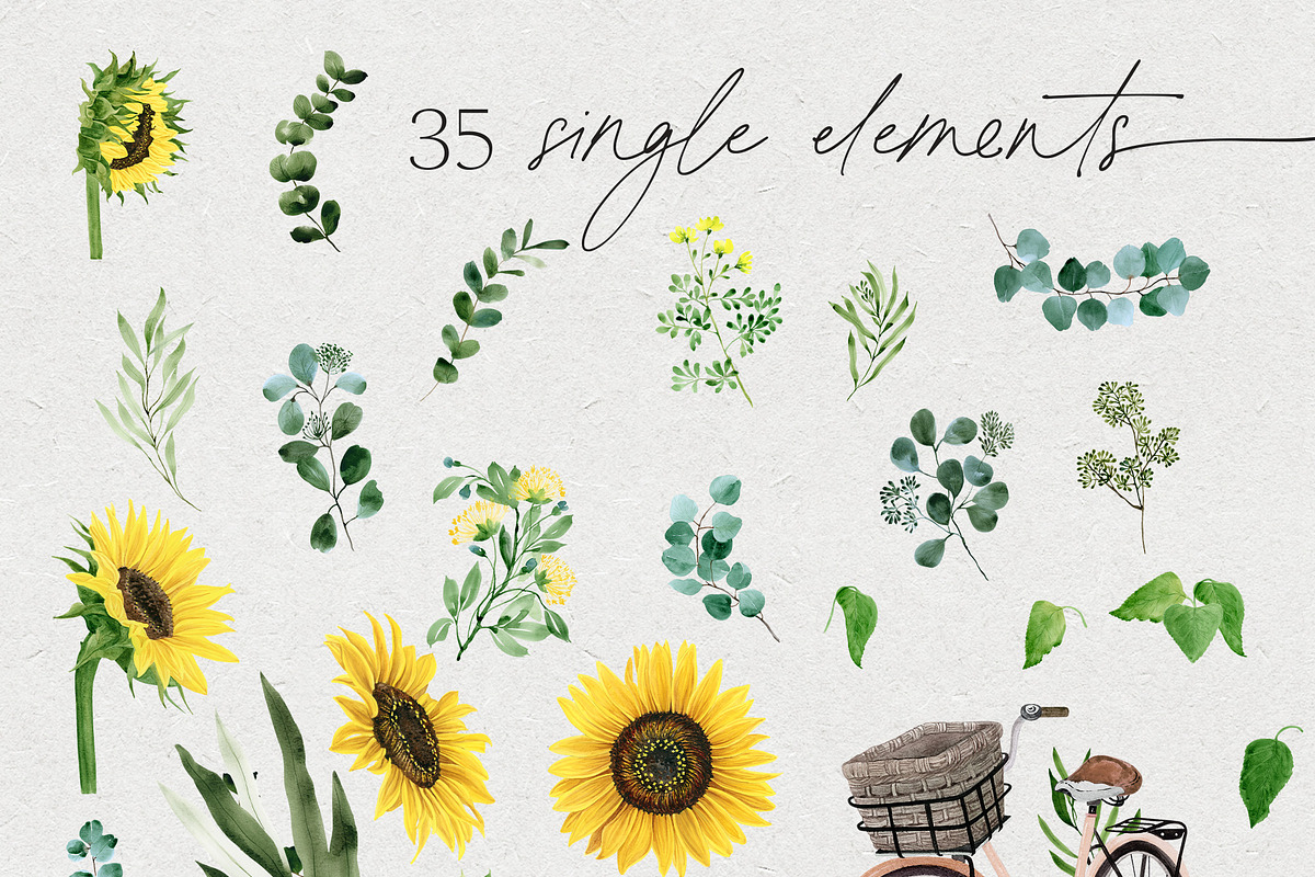 Sunflower Eucalyptus//Watercolor Set, an Illustration by PeachCremeArt