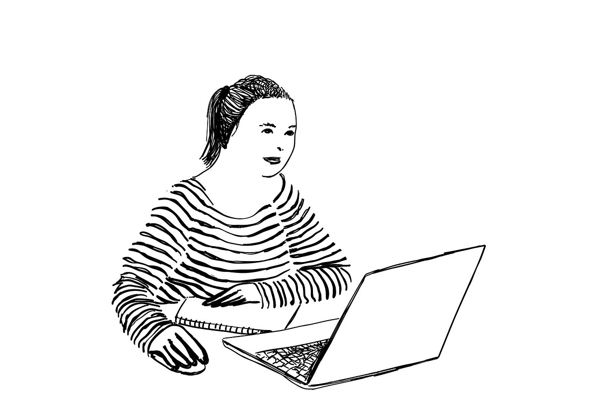 Woman works on computer, sketch, a Work Illustration by Sketching