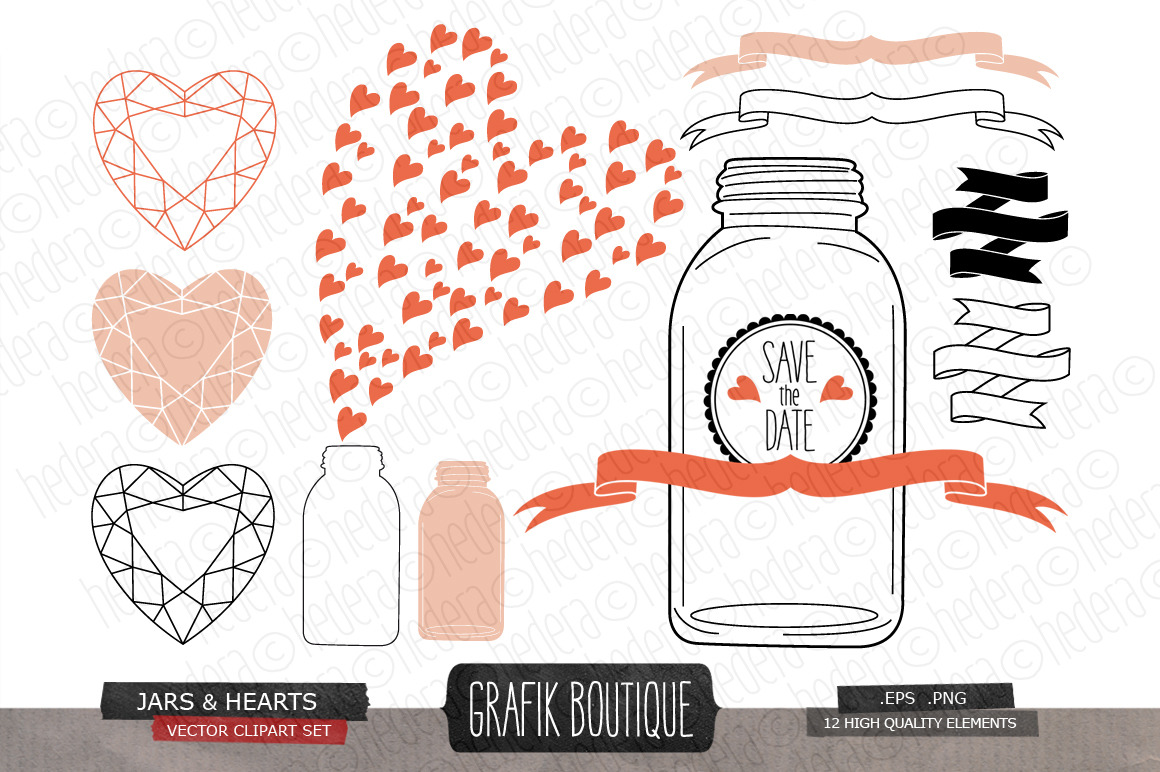 Mason jar diamond hearts vector, an Illustration by GrafikBoutique