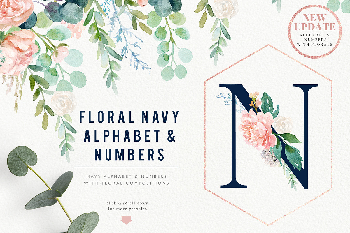 Watercolor Peach Floral Alphabet, a Decorative Illustration by Veris Studio