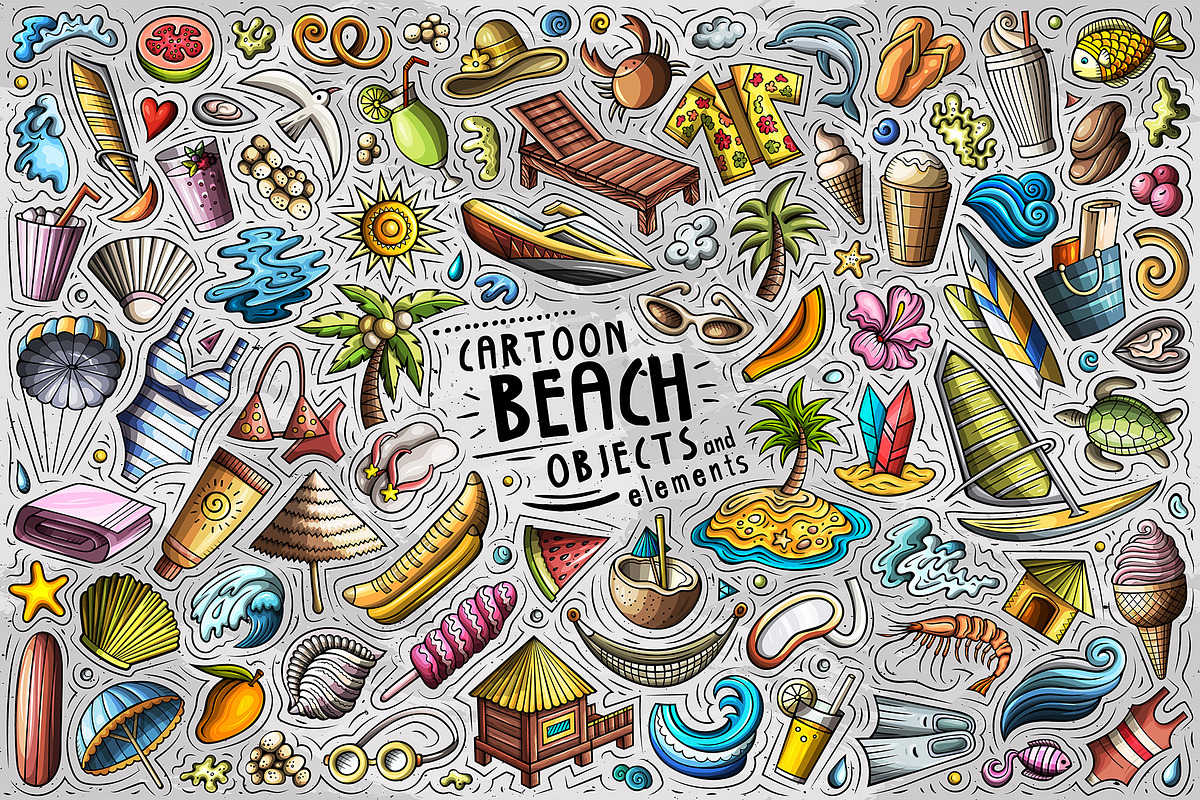 Summer Beach Cartoon Objects Set, an Object Graphic by BALABOLKA