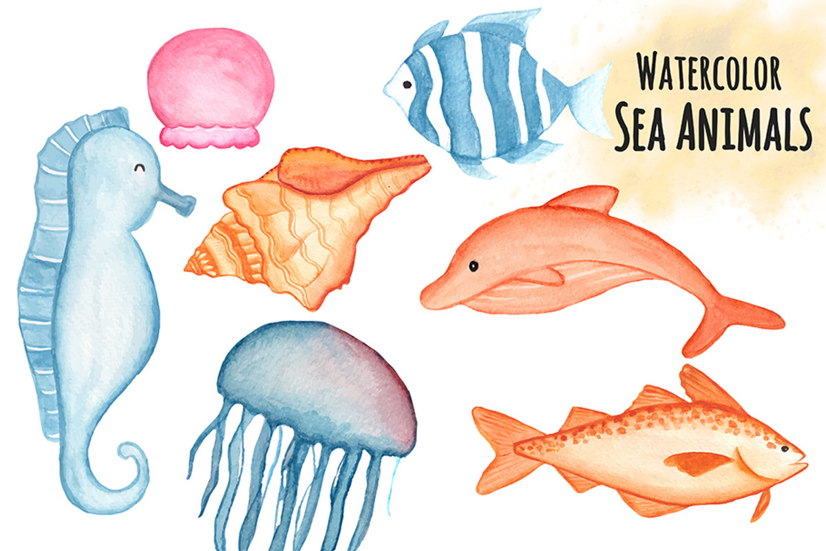 Watercolor Sea Animals Clipart Set | Creative Market
