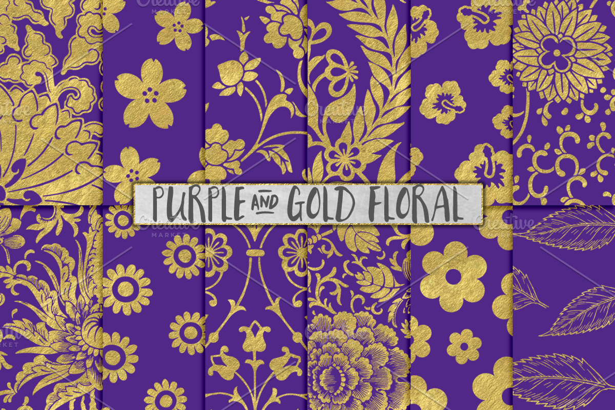 Royal Purple and Gold Floral Papers, a Pattern Graphic by Paper Element