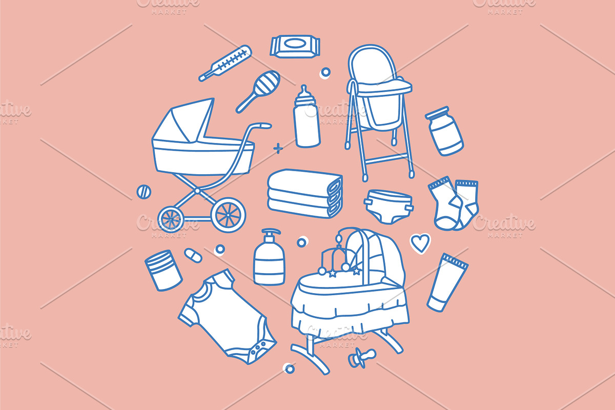 Newborn baby care products, tools, a Healthcare Illustration by Good Studio