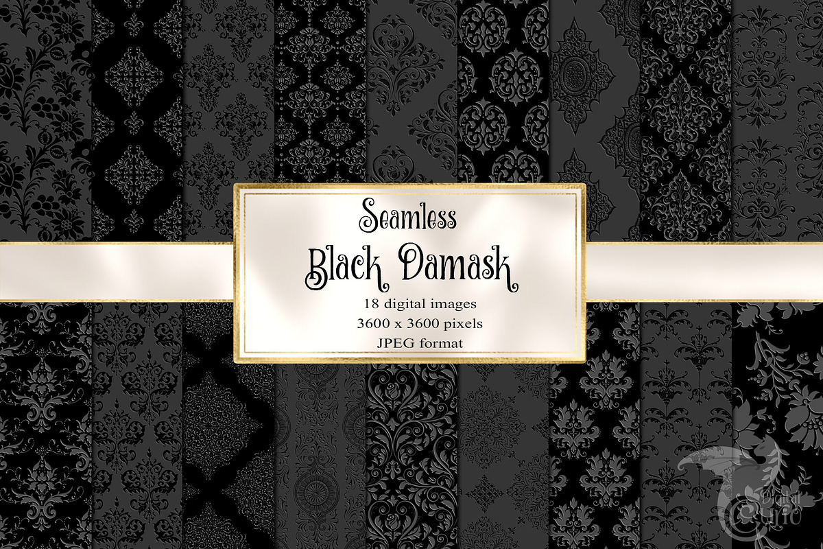Black Damask Digital Paper, a Texture Graphic by Digital Curio