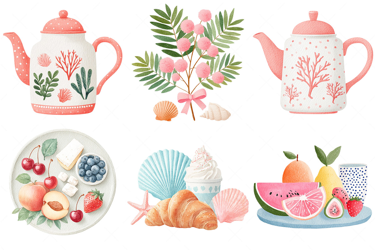 Watercolor Coastal Brunch Clipart, an Illustration by Craft Nest