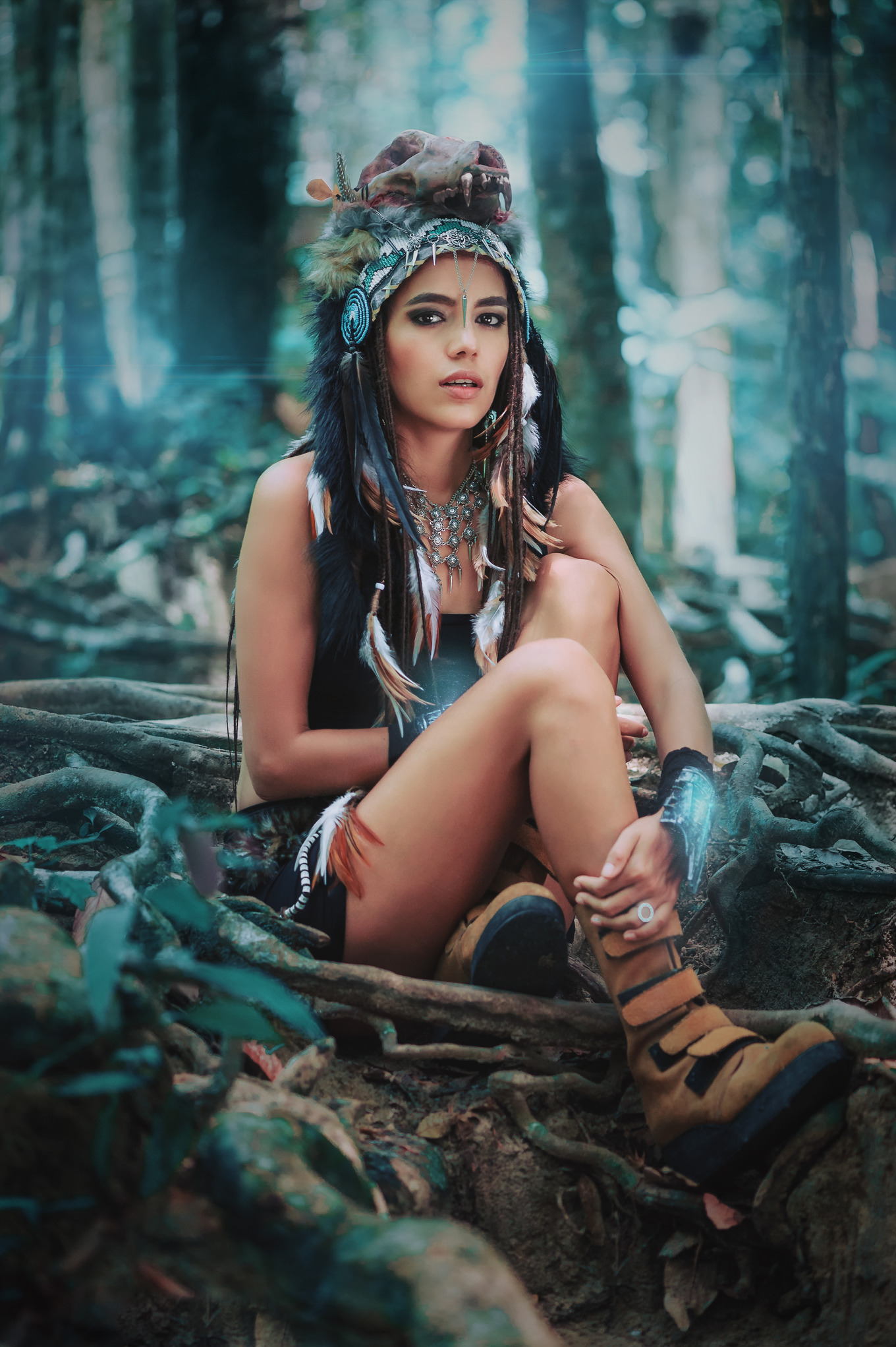 Futuristic indian woman portrait outdoors background blue wild forest ...