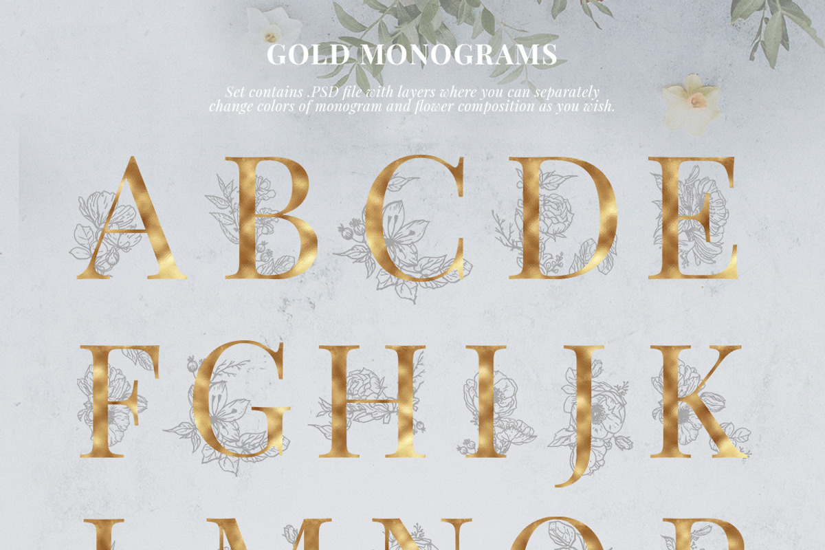 Gold floral alphabet wedding monograms