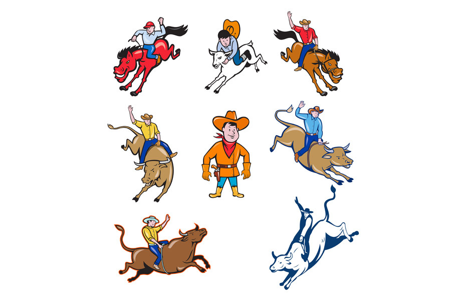 Rodeo Cowboy Cartoon Set, an Illustration by patrimonio