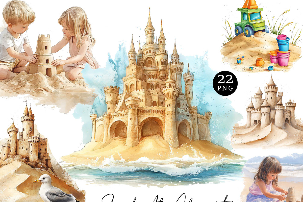Watercolor Sandcastle Clipart Bundle, an Object Illustration by Design ...