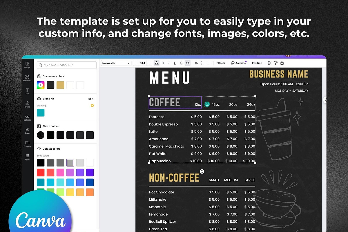 Modern Cafe Menu Canva Template, a Flyer Template by Melanie Peterson