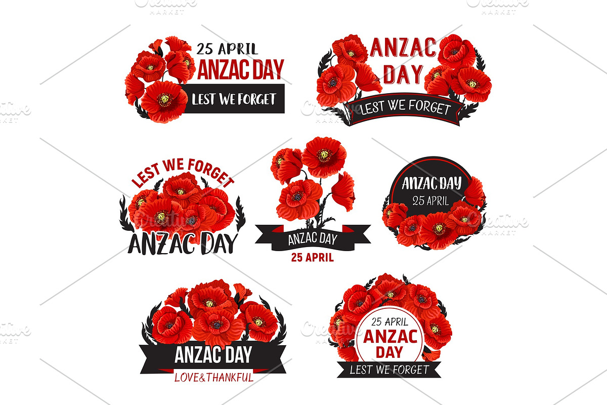 Anzac Day Lest We Forget poppy vector ribbons icons, an Illustration by ...